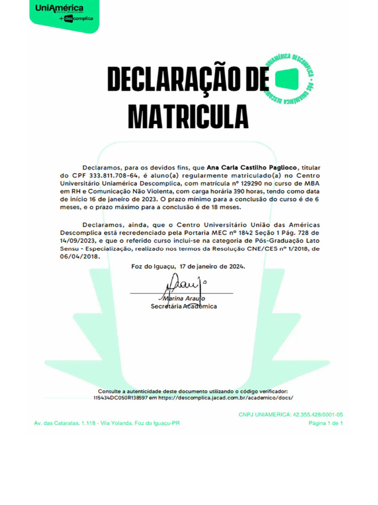 Declaração de Matricula | PDF