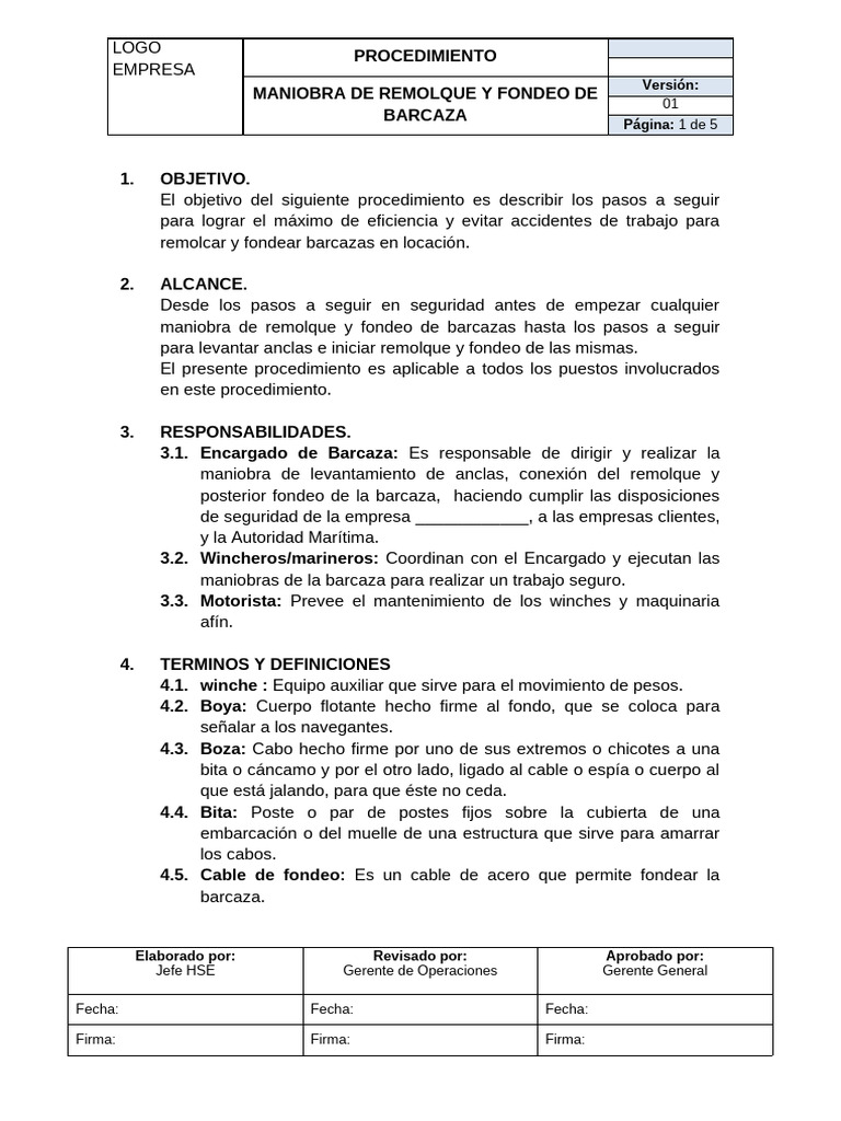 Procedimiento Maniobra de Remolque y Fondeo de Barcaza | PDF | Remolcador | Barcaza
