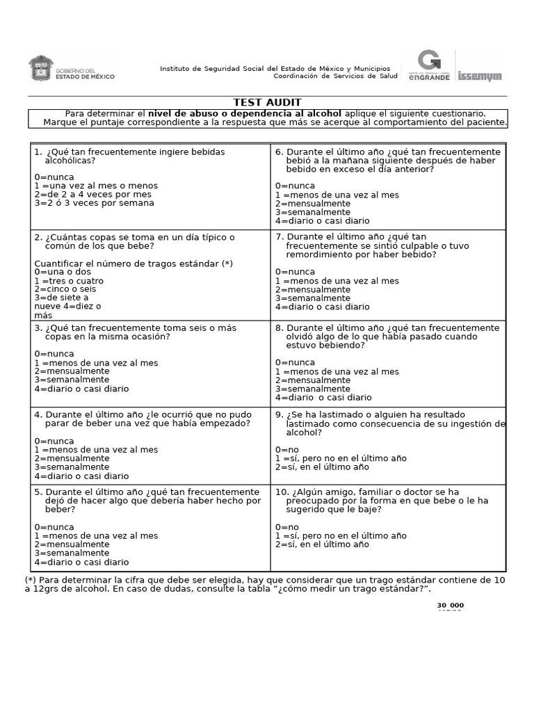 Test AUDIT | PDF | Bebidas alcohólicas | Alcoholismo