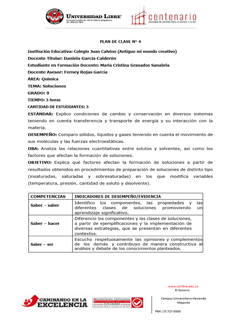 Plan de Clase: Soluciones en Química | PDF | Mezcla | Solvente
