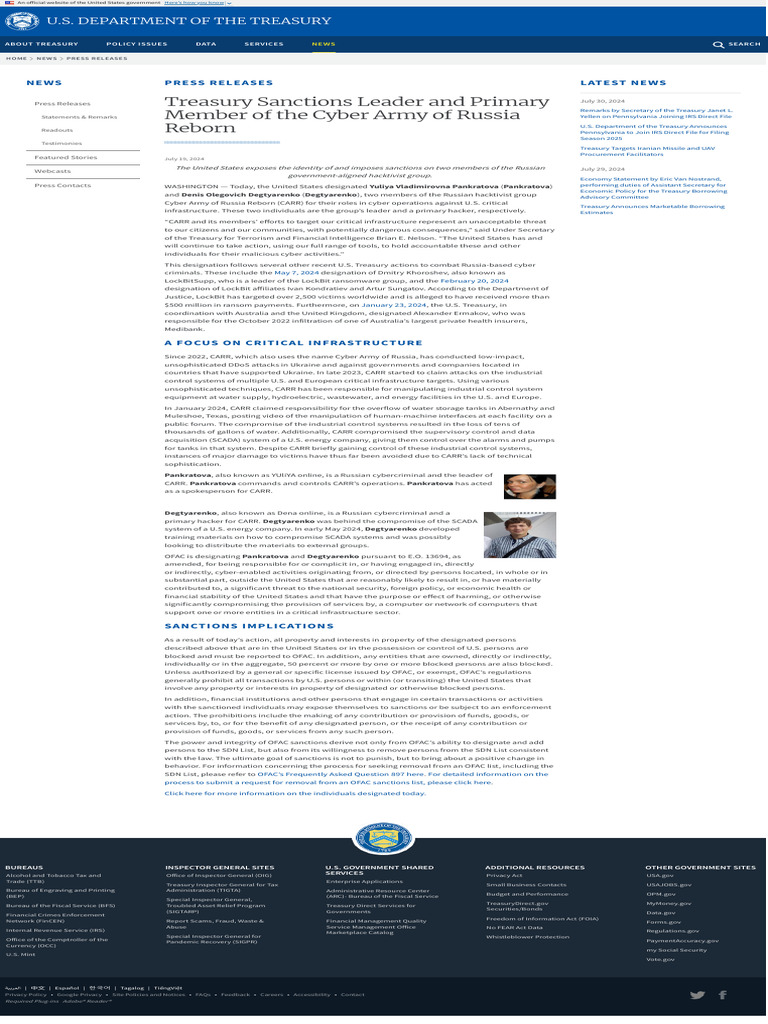 Treasury Sanctions Leader and Primary Member of The Cyber Army of ...