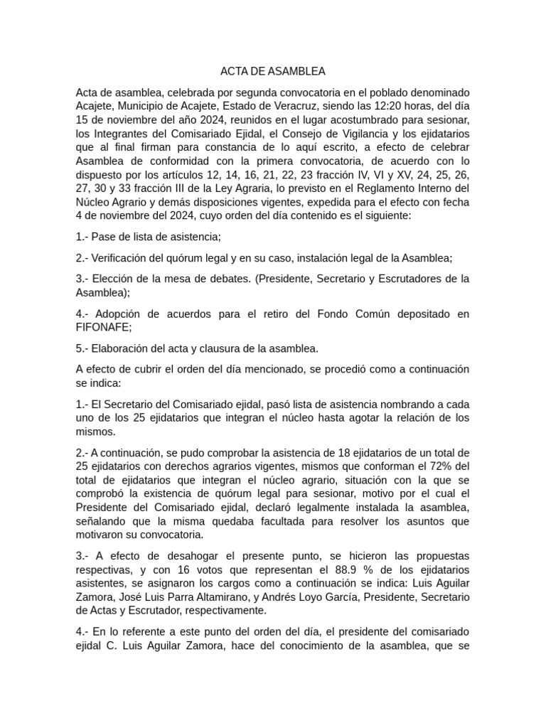 Acta de Asamblea Ejidal en Acajete | PDF | Reforma agraria