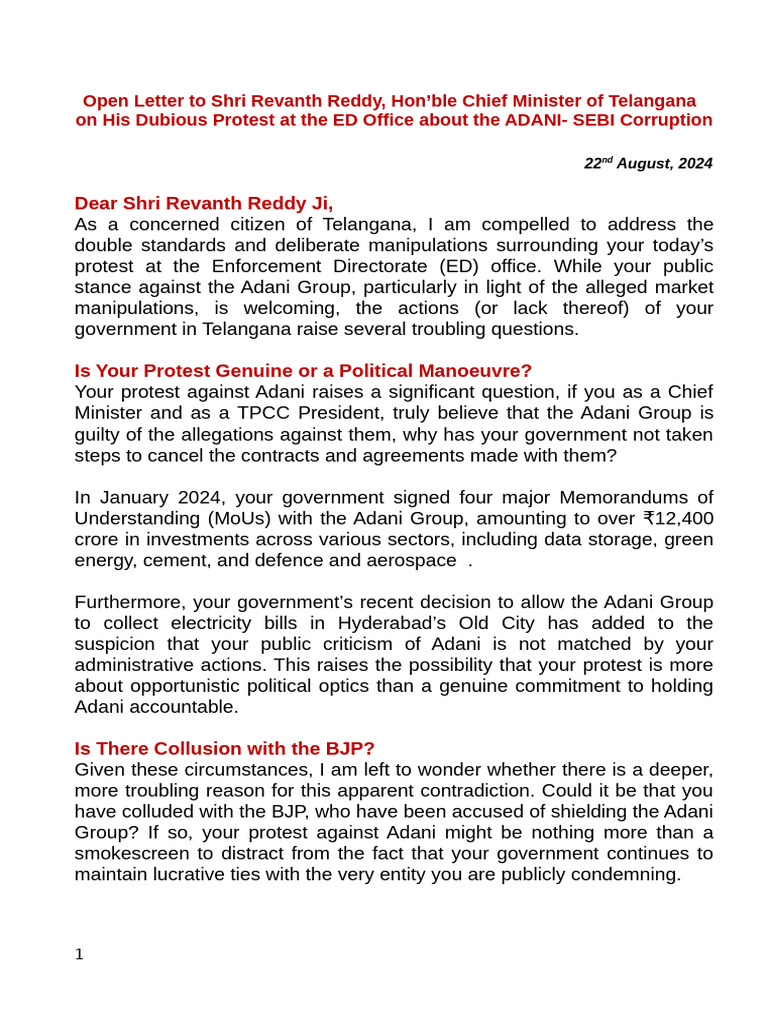 ADANI ISSU - Open Letter To Shri Revant Reddy | PDF