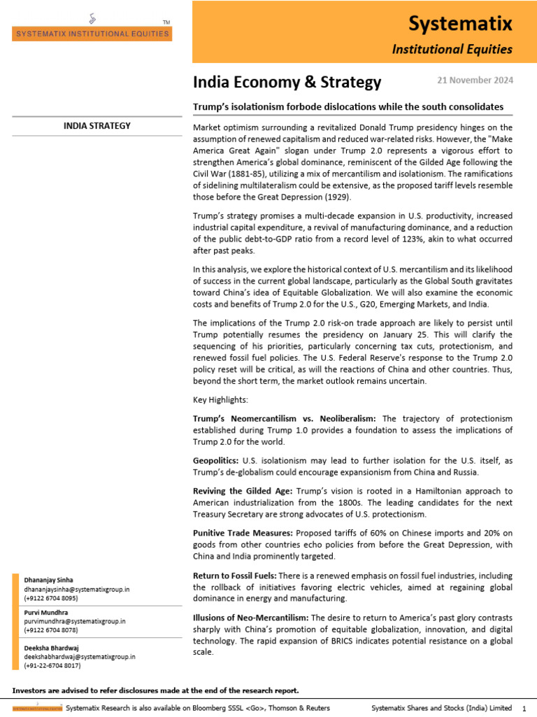 Systematix India Strategy Trumps Isolationism Forbode Dislocations ...