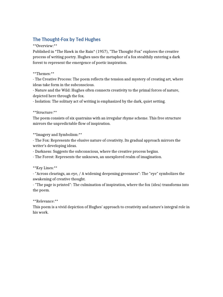 The Thought-Fox by Ted Hughes | PDF