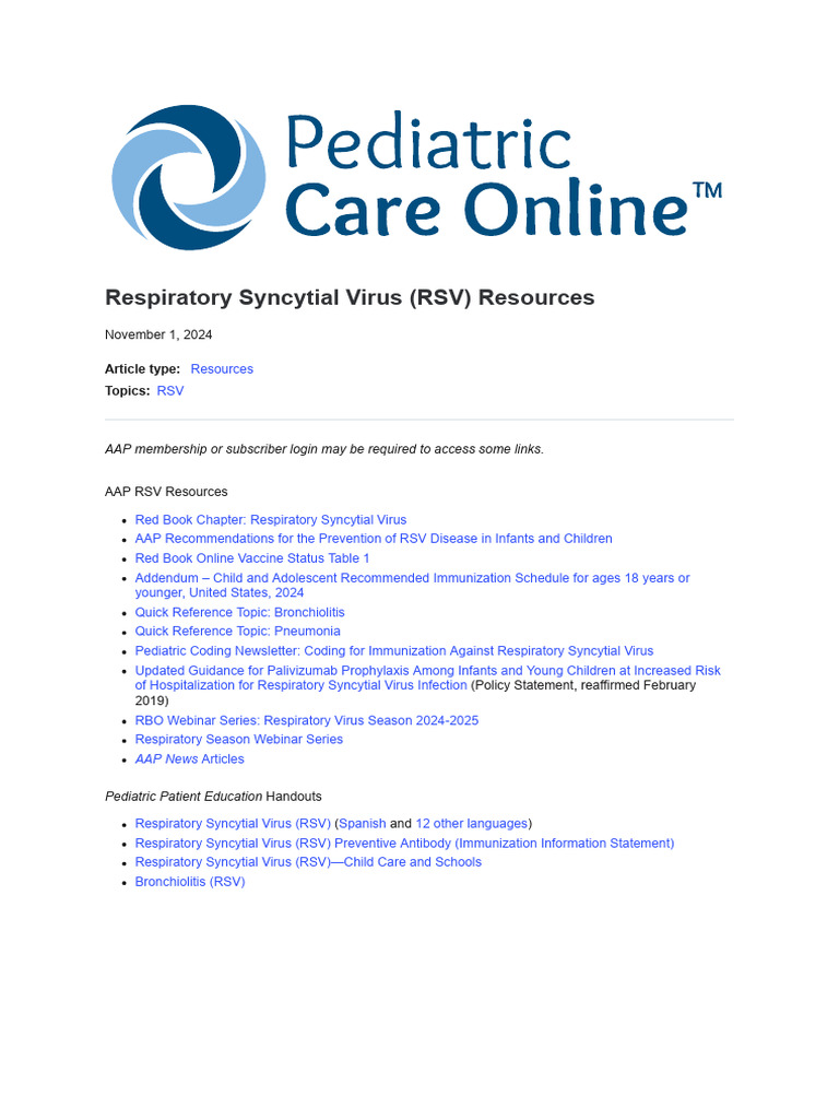 Respiratory Syncytial Virus (RSV) Resources: November 1, 2024 | PDF