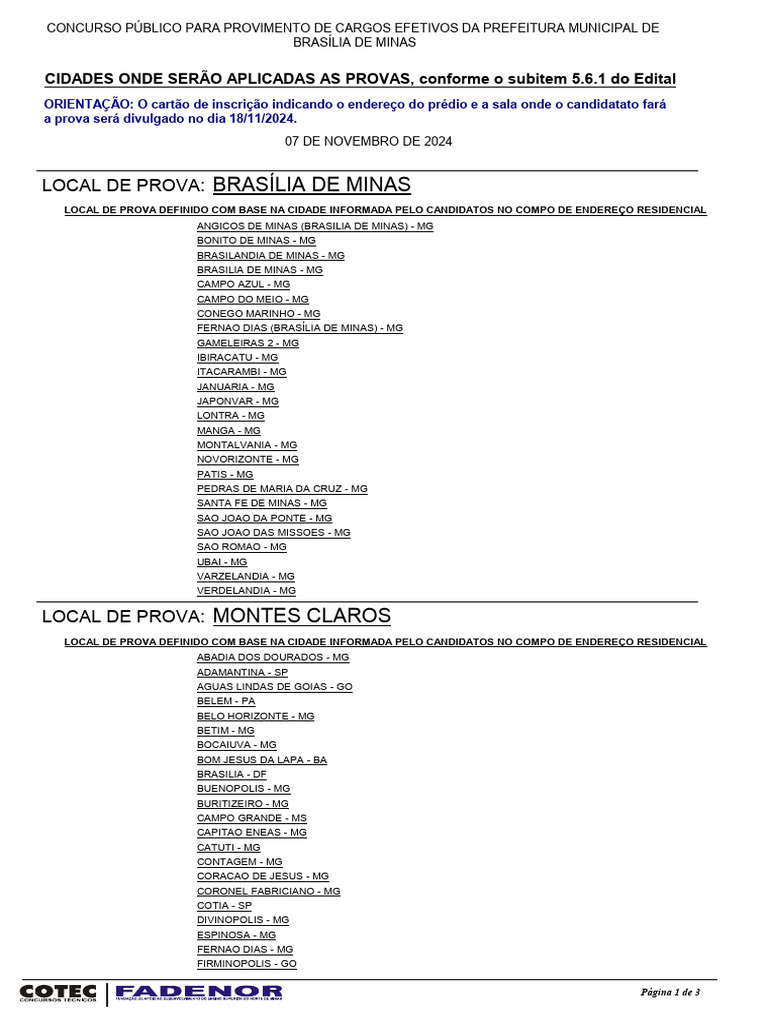 Cidades Onde Serão Aplicadas As Provas | PDF