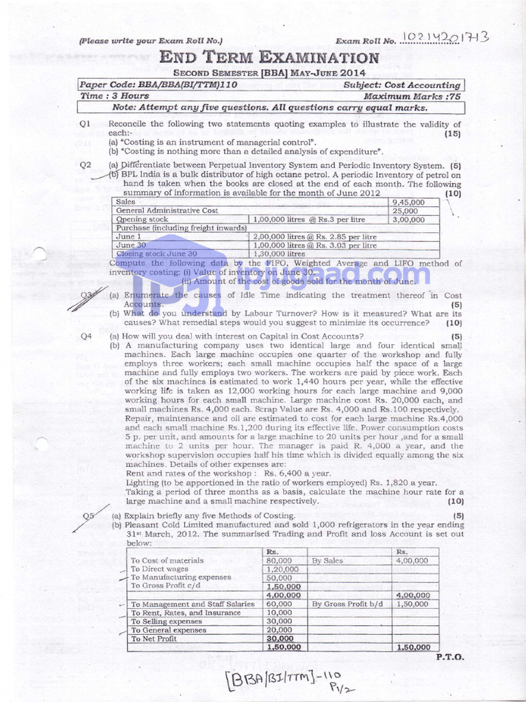 Ipjugaad - Bba 2nd Sem Cost Accounting Paper 2014 | PDF | Business ...