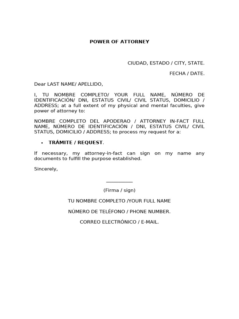 Formato Carta Poder en Ingles | PDF
