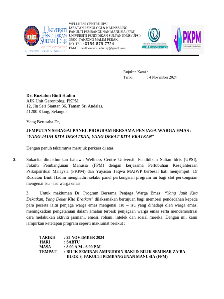 Surat Jemputan Panel - DR Ruziaton | PDF | Kesehatan Holistik