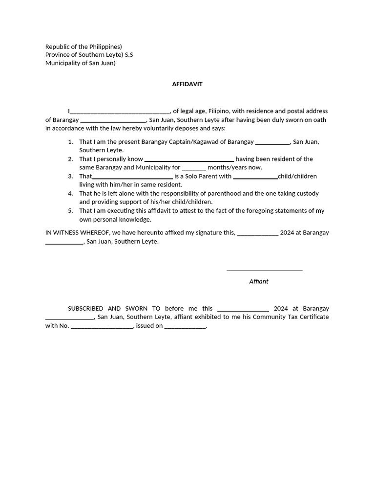 Affidavit for Solo Parent Verification | PDF | Wellness