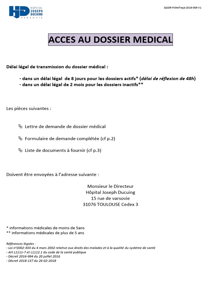 Formulaire de Demande de Communication de Dossier Medical | PDF ...