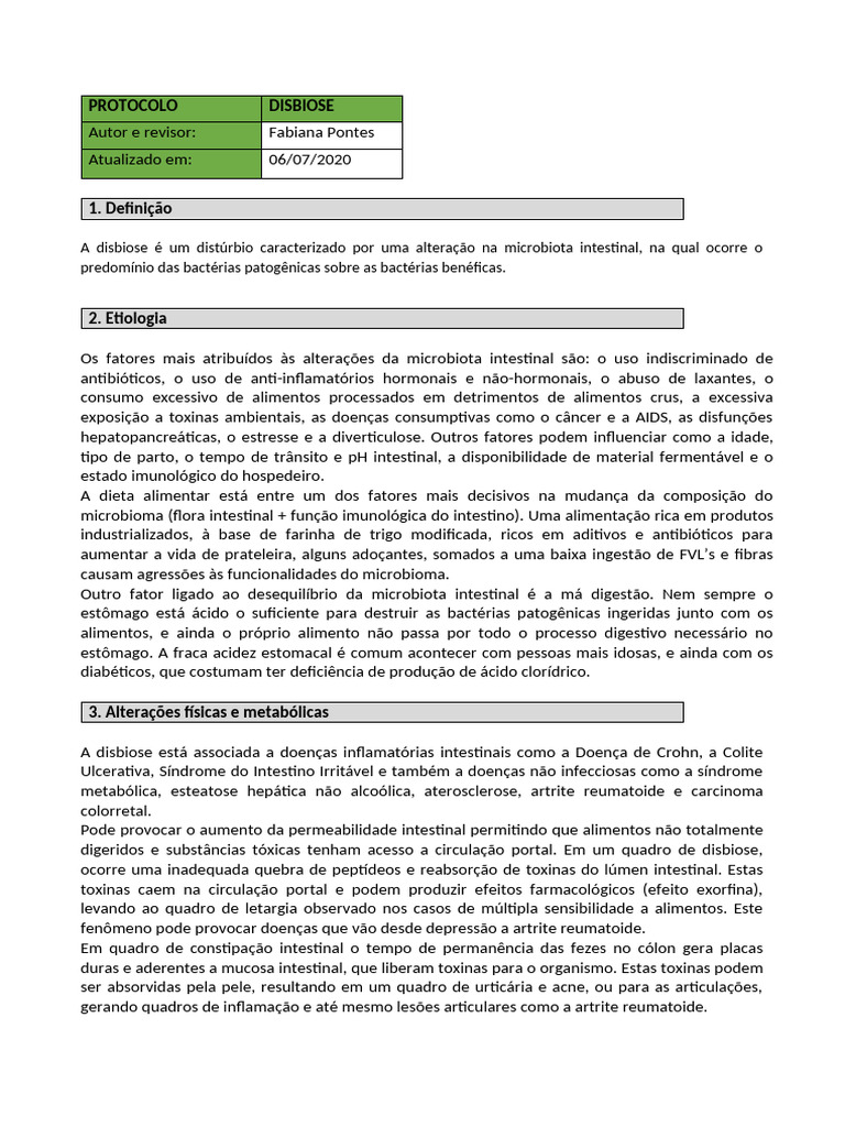 Protocolo - Disbiose | PDF | Bactérias | Probiótico