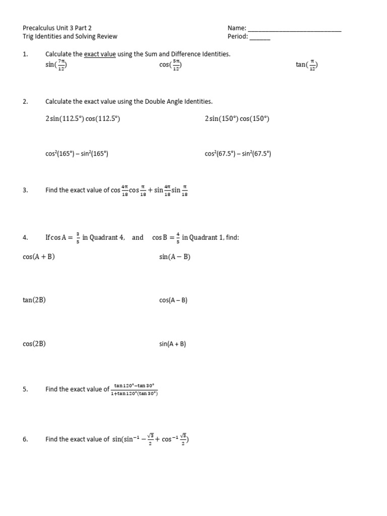 Trig Identities 2 Review | PDF | Mathematics | Mathematical Objects