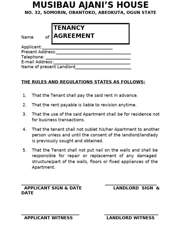 Tenancy Agreement for Musibau Ajani's House | PDF