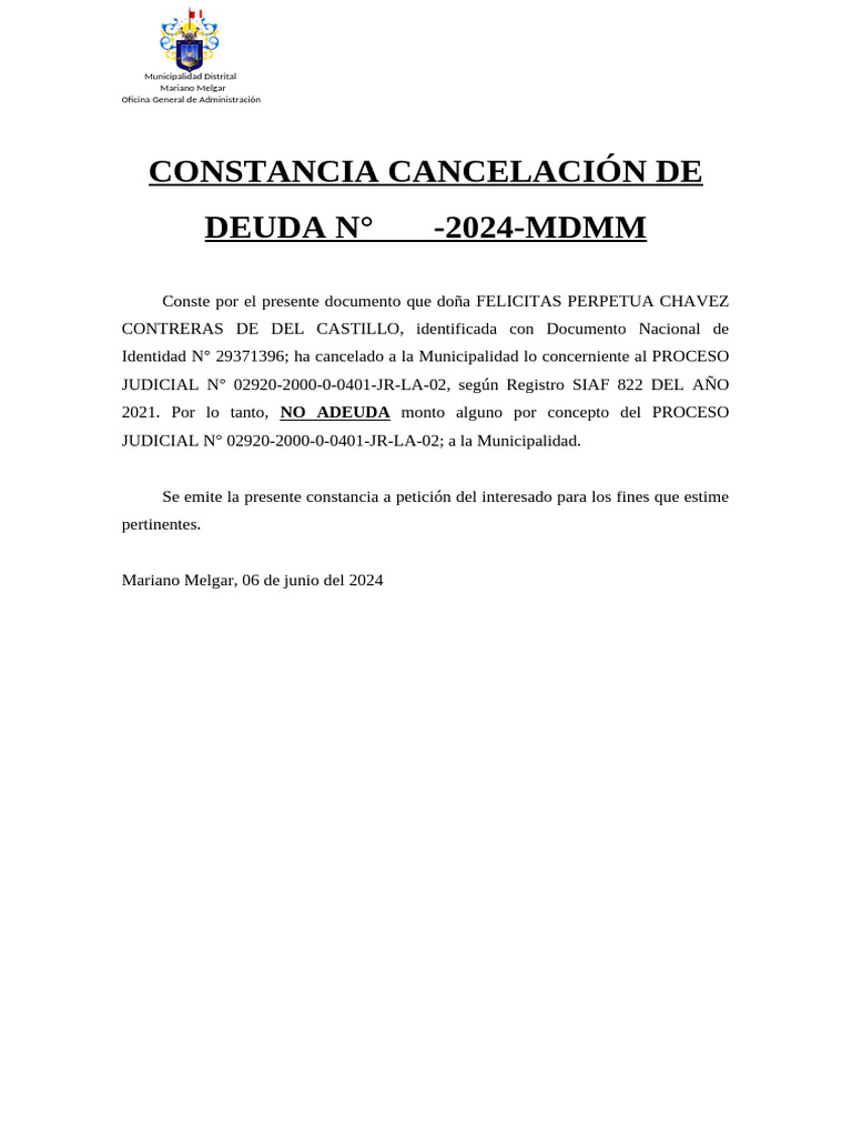 Constancia de Cancelación de Deuda 2024 | PDF