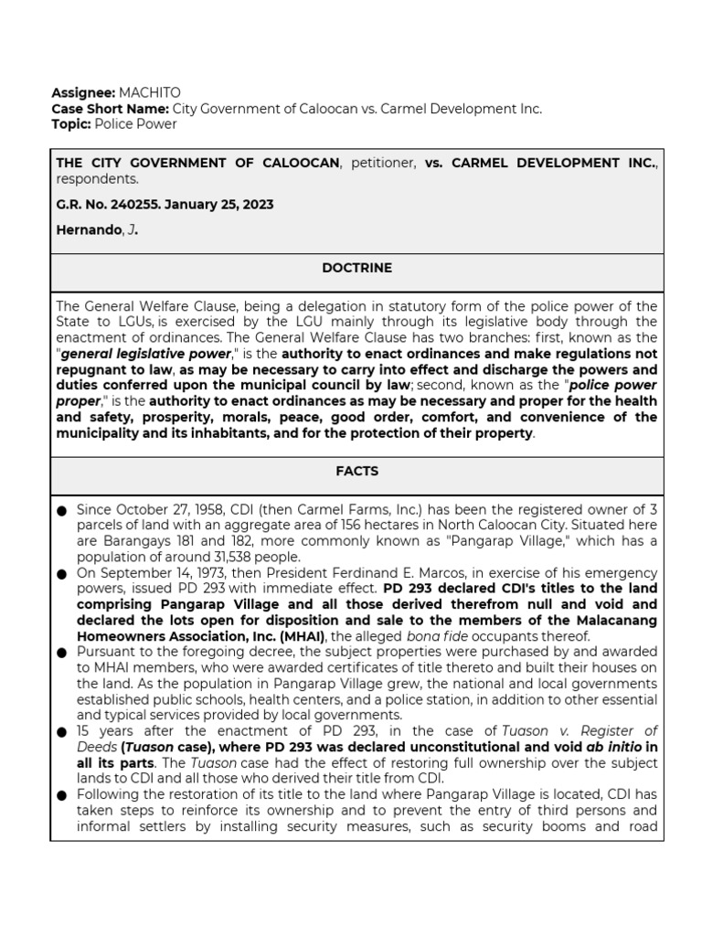 City Government of Caloocan v. Carmel Development Inc. GR No. 240255, Jan. 25, 2023 | PDF ...