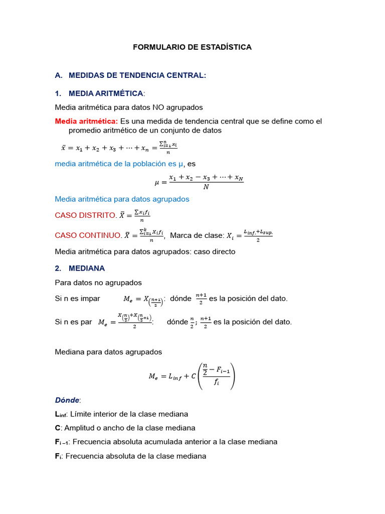 Formulario de Estadística PARTE I | PDF | Mediana | Media