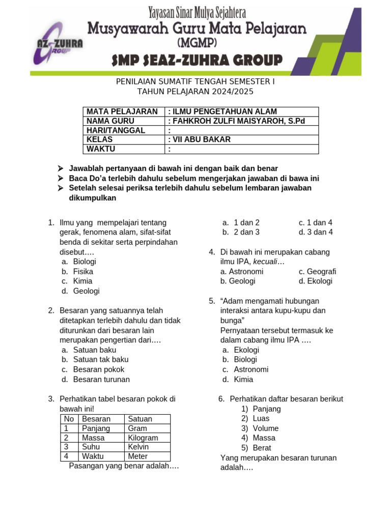 Ipa Kelas 7 Mid | PDF | Sains & Matematika