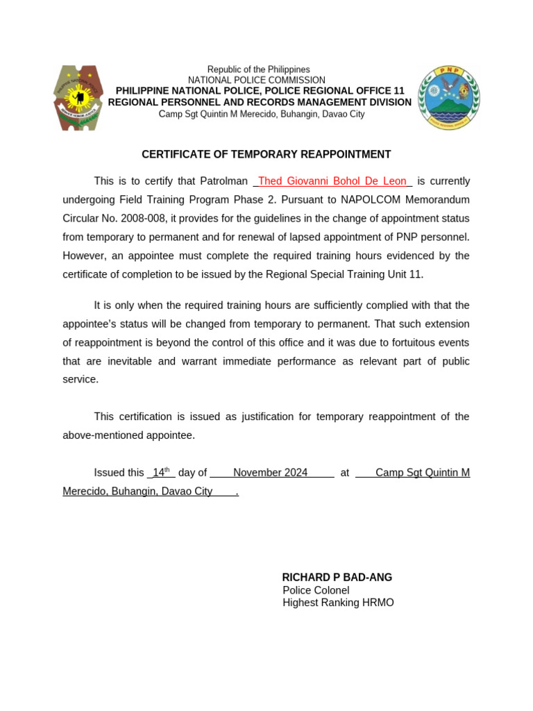 Certification For TEMPORARY Reappointment Sample | PDF