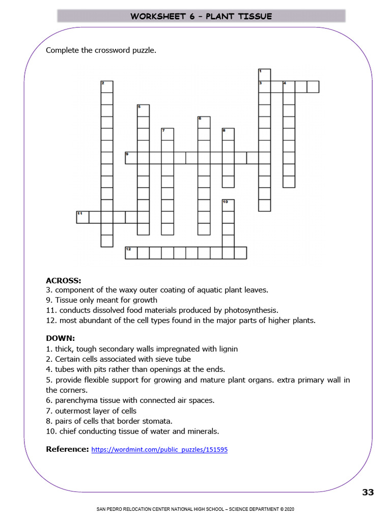 Plant Tissue Crossword Puzzle Worksheet | PDF | Science & Mathematics