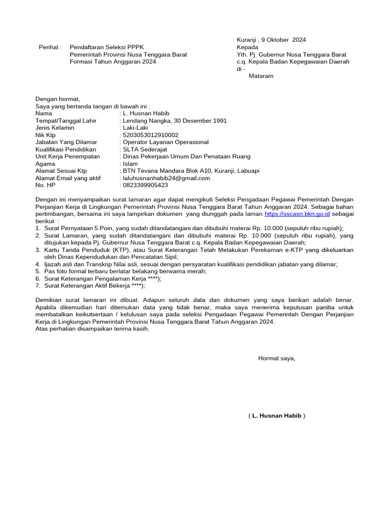 Format Surat Lamaran PPPK Tahun 2024 | PDF