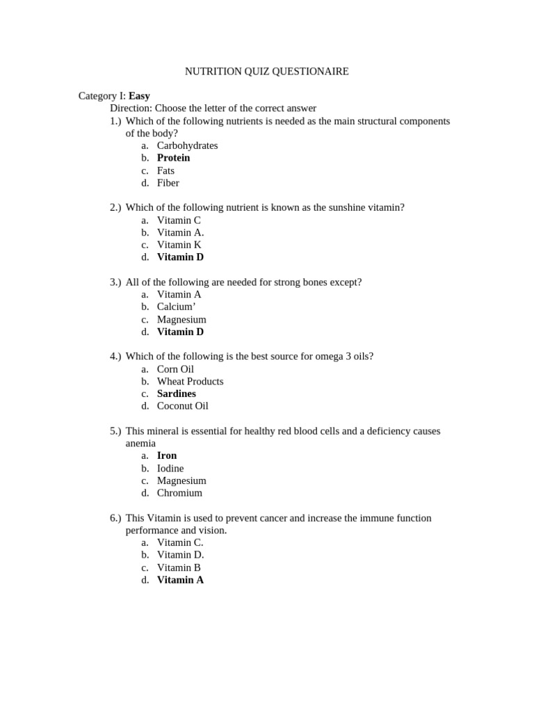 Nutrition Quiz Questionaire | PDF | Vitamin | Nutrients