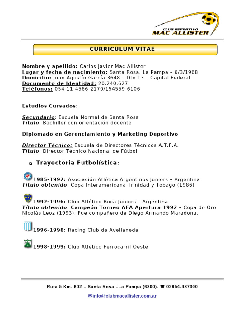 CV Carlos Javier Mac Allister | PDF | Diego Maradona | Asociación de equipos de fútbol