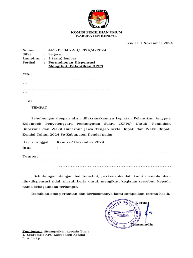 Surat Permohonan Izin Dispensasi Mengikuti KPPS Pilkada (PPK, PPS DAN ...