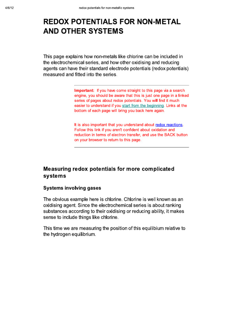 Chemguide 03 Redox Potentials For Non Metal and Other Systems | PDF