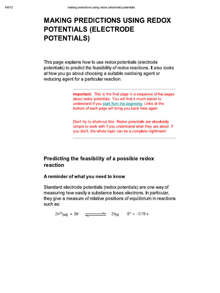 Chemguide 05 - Making Predictions Using Redox Potentials (Electrode Potentials) | PDF