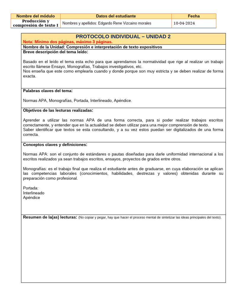 Protocolo Individual Comprension de Texto Unidad 2 | PDF | Estilo apa