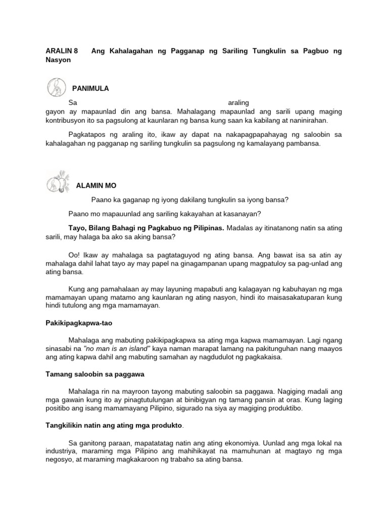 Aralin 9 Ang Kahalagahan NG Pagganap NG Sariling Tungkulin Sa Pagbuo NG Nasyon | PDF