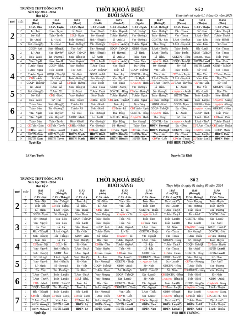 2.1 TKB Buoi Sang HK 2 Toan Truong Ban 2 TH 01.5.2024 | PDF