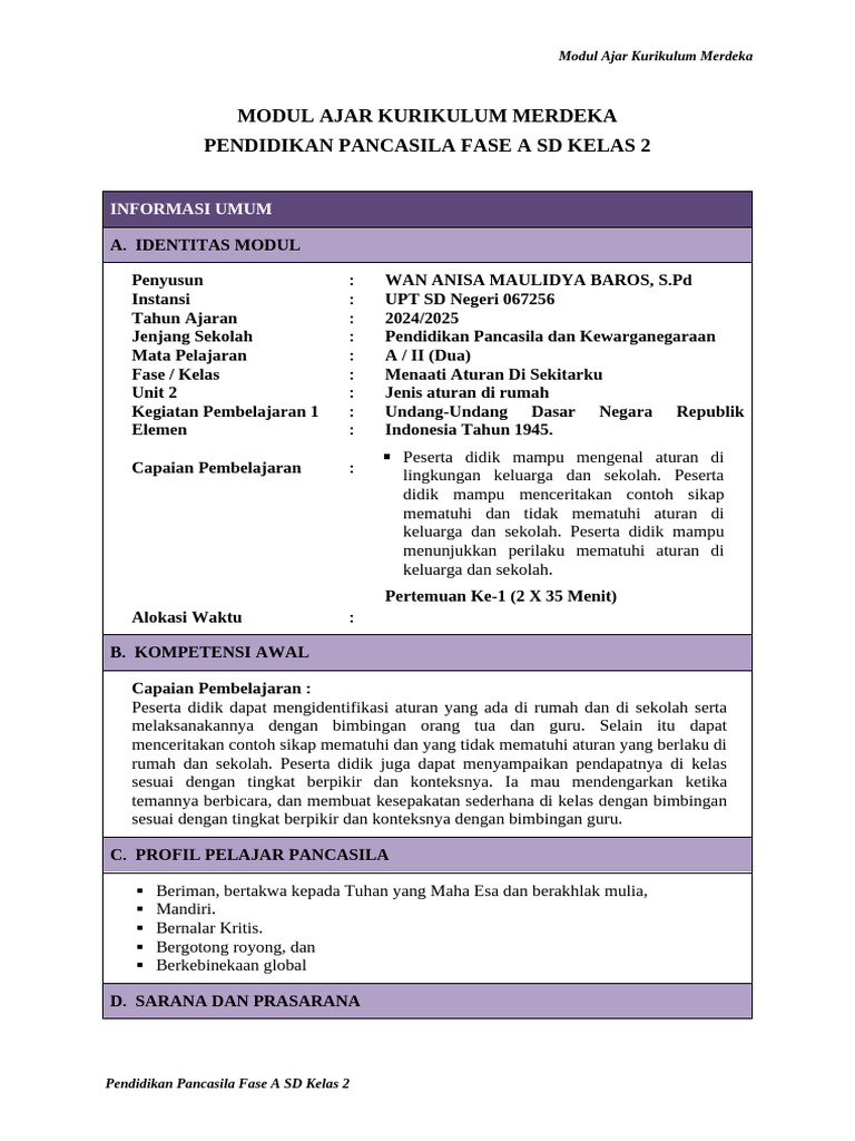 Modul Ajar PKN Kelas 2 Bab 2 | PDF