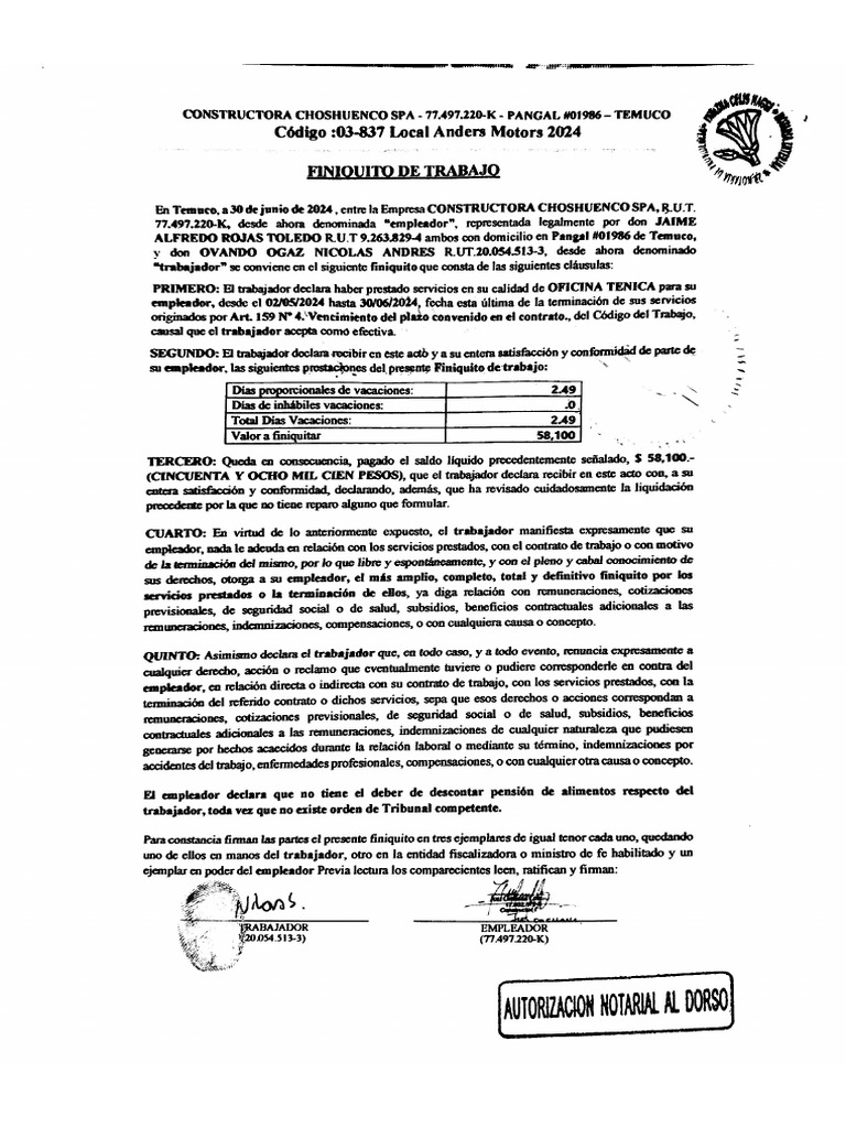 Finiquito 837 Nicolas Ovando | PDF