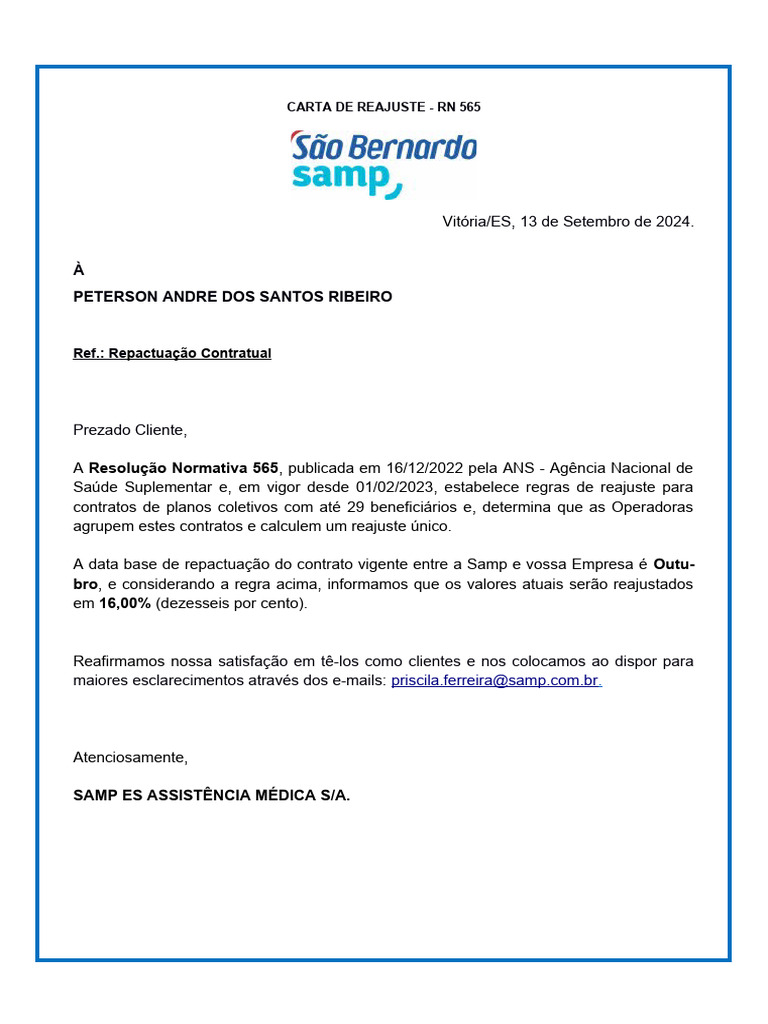 Carta de Reajuste RN 565 - Modelo | PDF