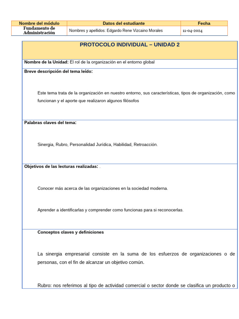 Protocolo Individual Fundamento Admo Unidad 2 | PDF | Business | Sociedad