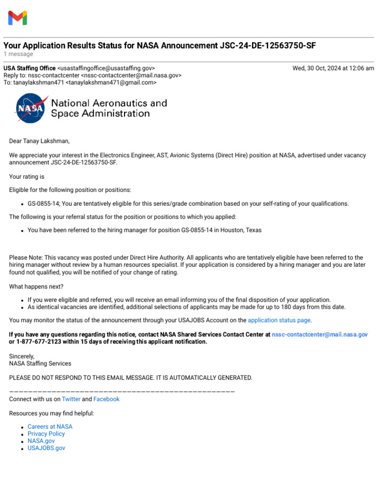 Gmail - Your Application Results Status For NASA Announcement JSC-24-DE-12563750-SF | PDF ...