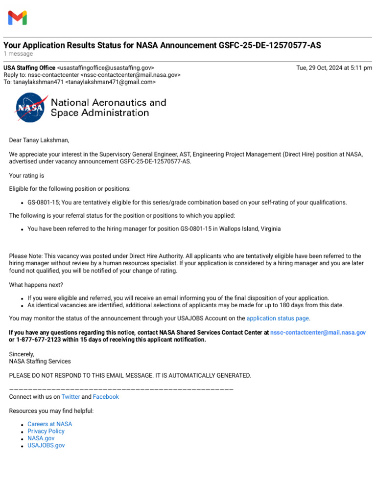 Gmail - Your Application Results Status For NASA Announcement GSFC-25 ...