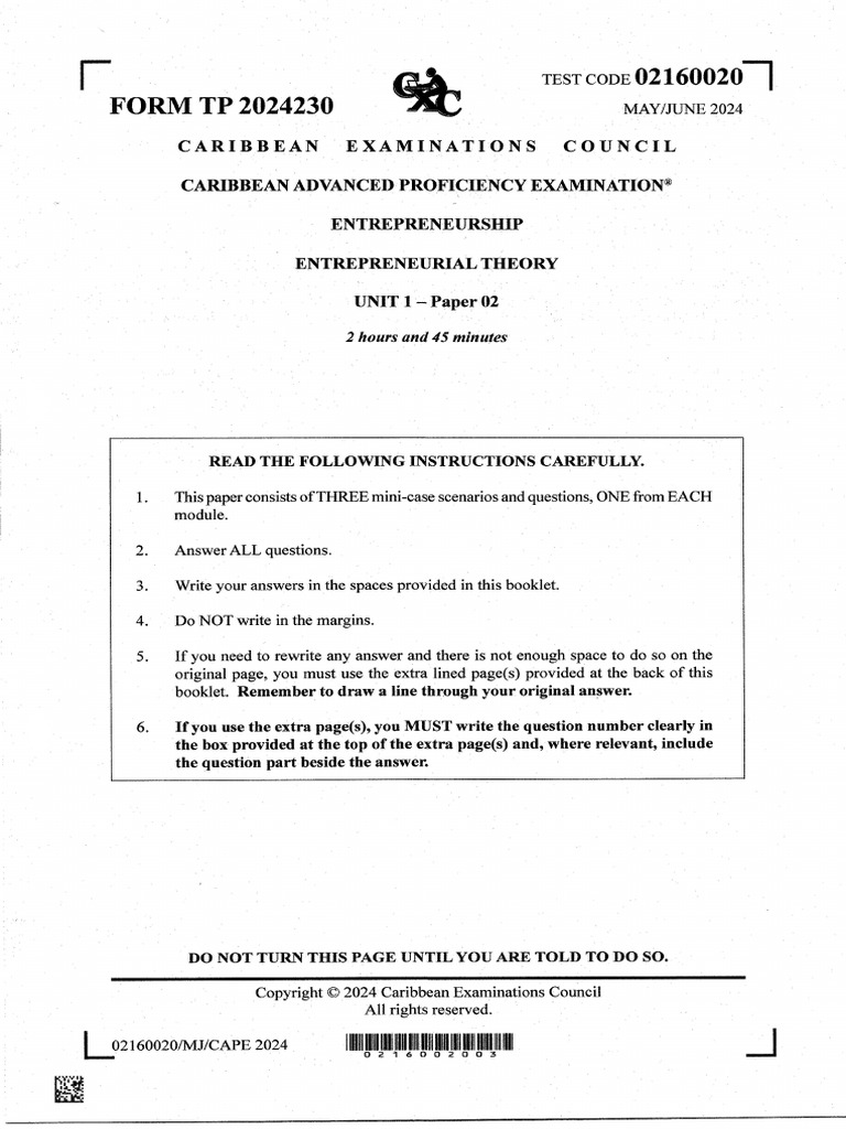 CAPE Entrepreneurship 2024 U1 P2 | PDF