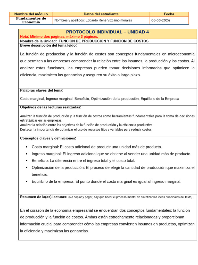 Protocolo Individual Unidad 4 | PDF | Business | Costo marginal