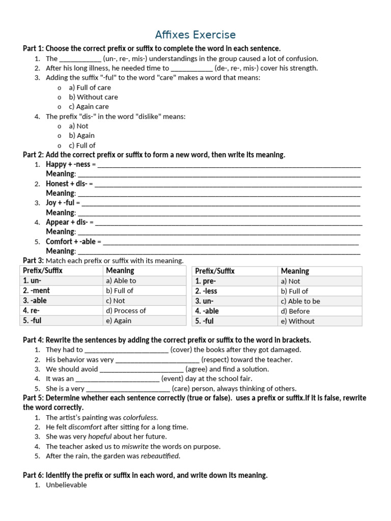 AFFIXES EXERCISE | PDF | Word | Semantic Units