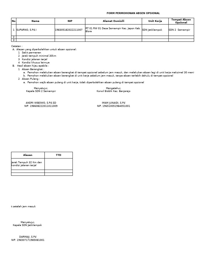 Form Permohonan Tempat Absen | PDF