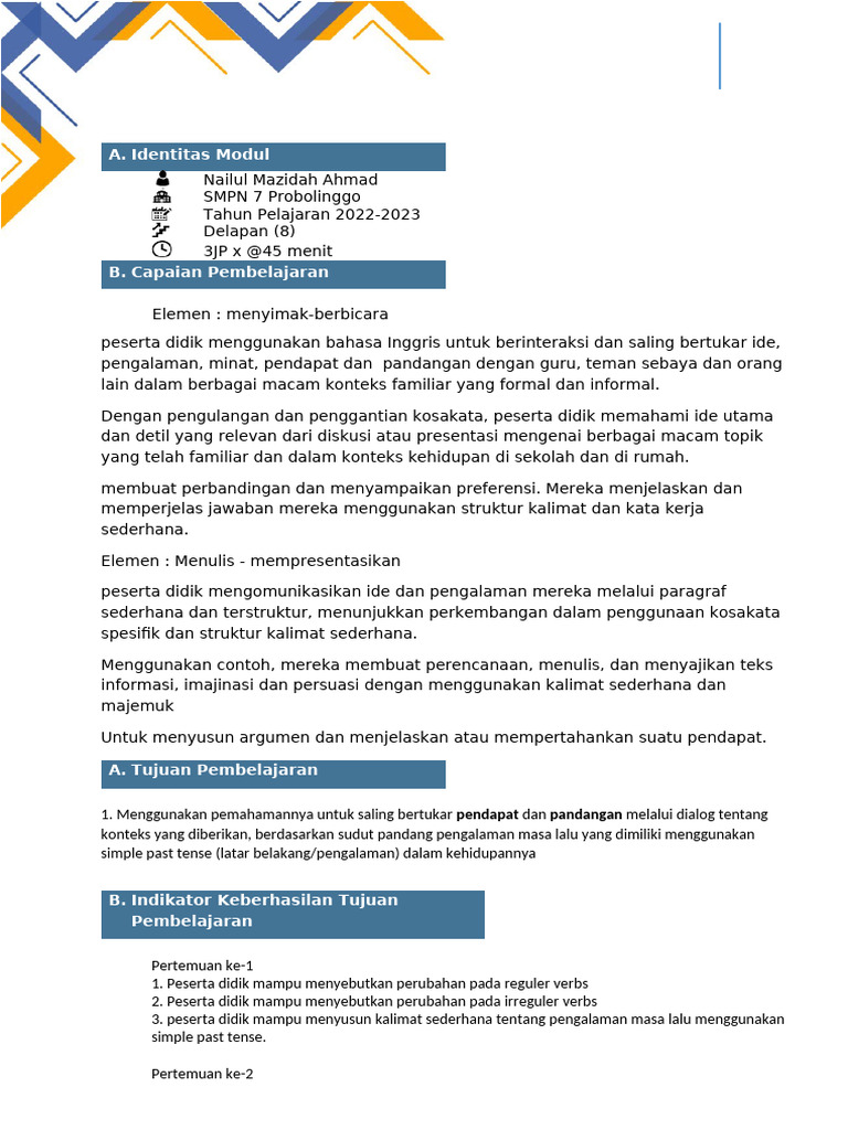 Modul Ajar PJBL - Past Tense Dialogue | PDF