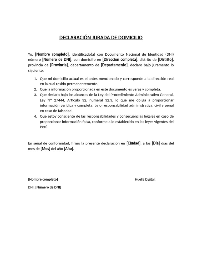 Modelo de Declaracion Jurada de Domicilio Peru | PDF | Ciencias sociales