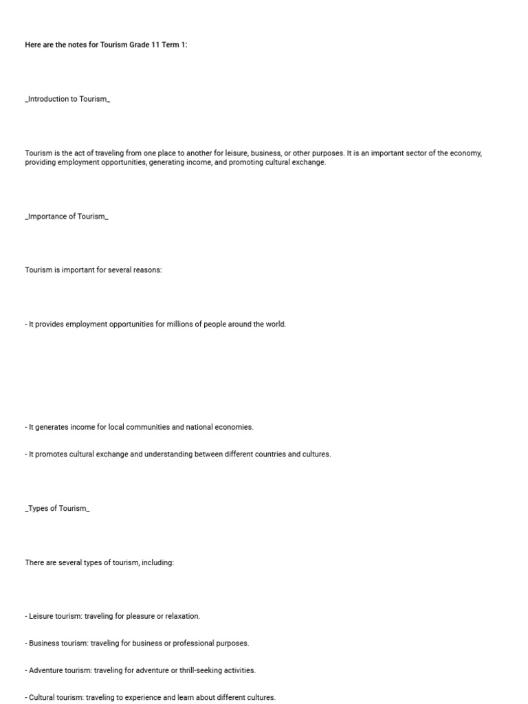 Tourism Grade 11 Term 1 New | PDF | Tourism | Marketing