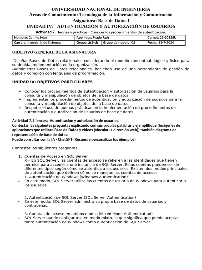Actividad 7 U4 - Teoría y Prácticas | PDF | Servidor SQL de Microsoft ...