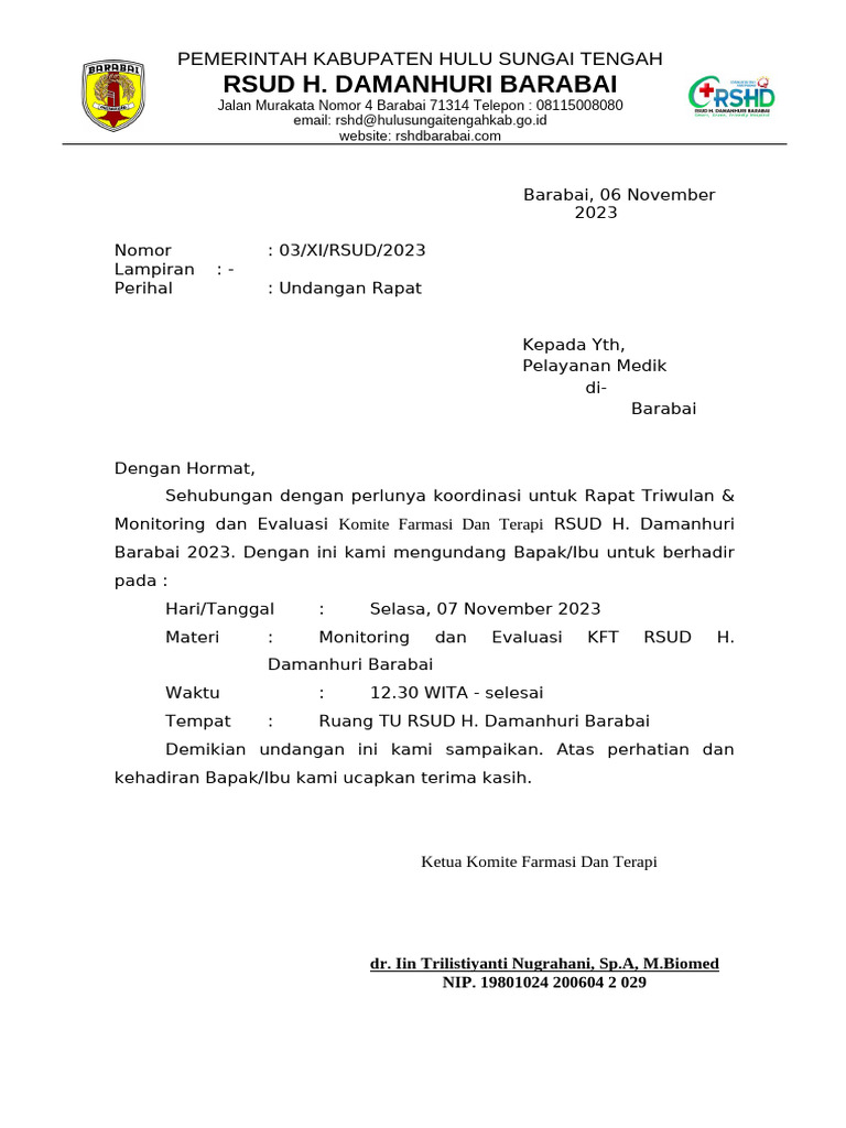 Undangan Rapat KFT RSUD Barabai 2023-2024 | PDF