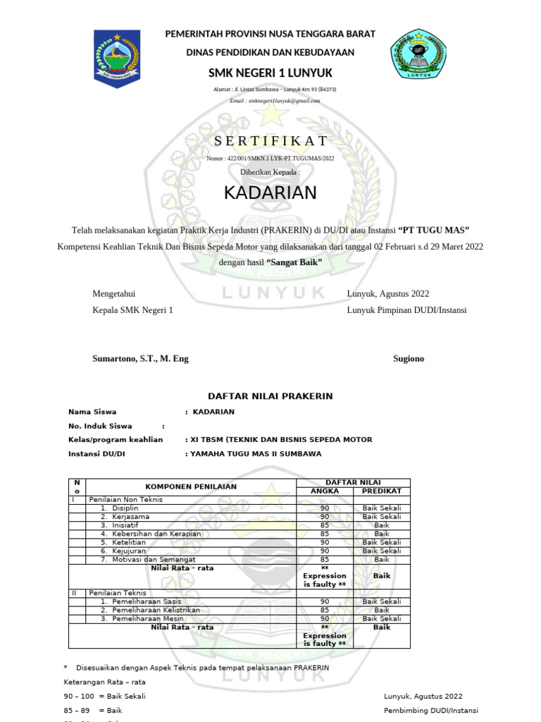 Sertifikat Prakerin 2021.2022 | PDF